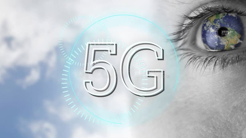 5g Text and Round Scanners Over Close Up of Earth Pattern on Female Eye ... 5g Text and Round Scanners Over Close Up of Earth Pattern on Female Eye ...