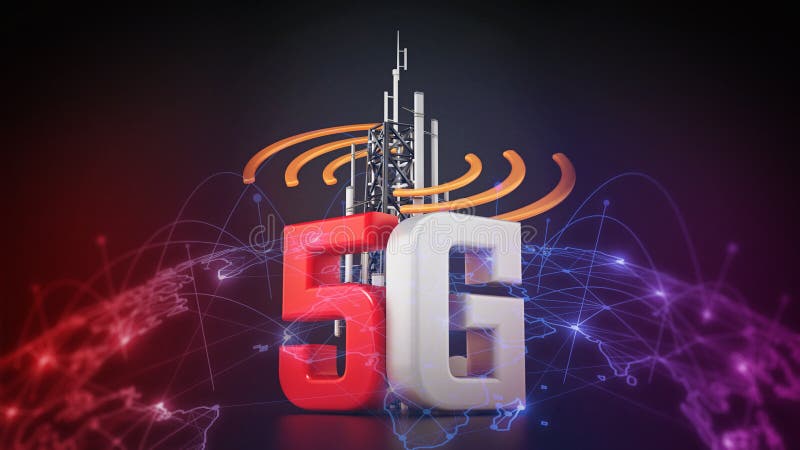5G Text and Telecommunications Tower with Wave Symbols. 3D Illustration ...