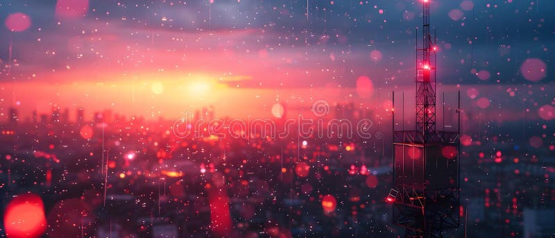 5G Tower at Twilight: Connectivity Over Cityscape. Concept Technology ...