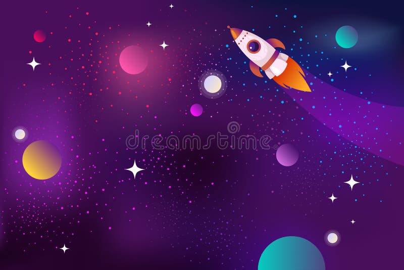 Horizontal Space Background with with Flying Rocket and Planets. Web ...