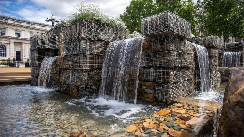 Gabion Water Feature with Cascading Waterfalls Enhancing Urban ...