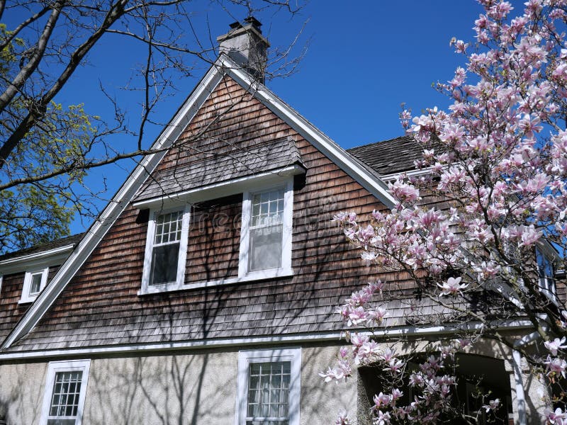 Gable with cedar shingles stock image. Image of traditional - 316806721