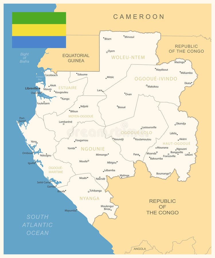 Gabon - Detailed Map with Administrative Divisions and Country Flag ...