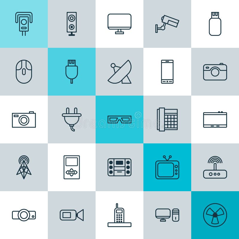 Gadget Icons Set. Collection of Spectacles, Work Phone, Digital Camera ...