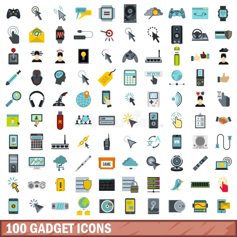 100 Gadget Icons Set, Flat Style Stock Vector - Illustration of radio ...