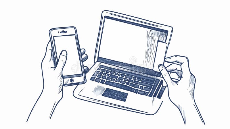 Gadget (phone or Laptop) in Hands, Line Drawing Vector. Stock ...
