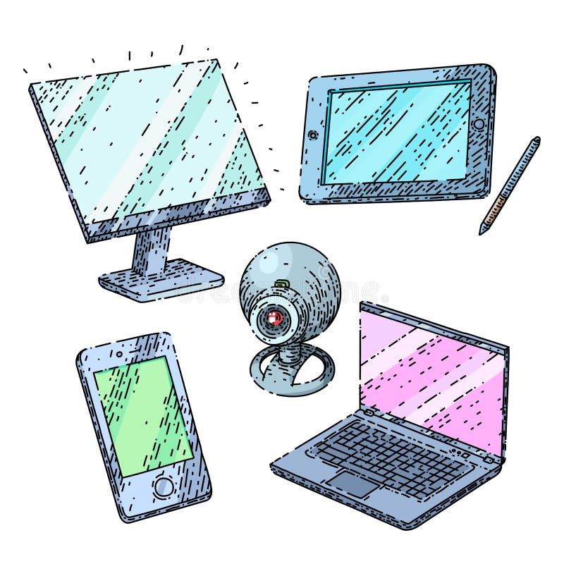 Gadget Technology Set Sketch Hand Drawn Vector Stock Illustration ...