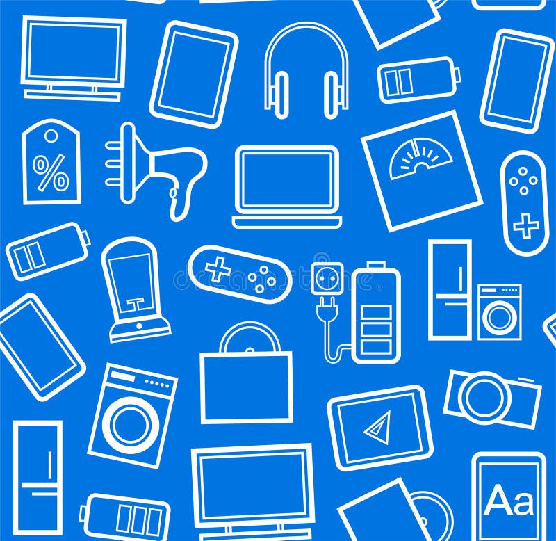 Gadgets and Consumer Electronics, Blue Background, Seamless, Linear ...