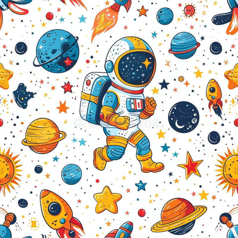 Galactic Astronaut Rocket Adventures. Cute Cartoon Seamless Patterns ...