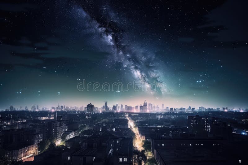 Galactic City, with View of the Night Sky and Stars Shining Brightly ...