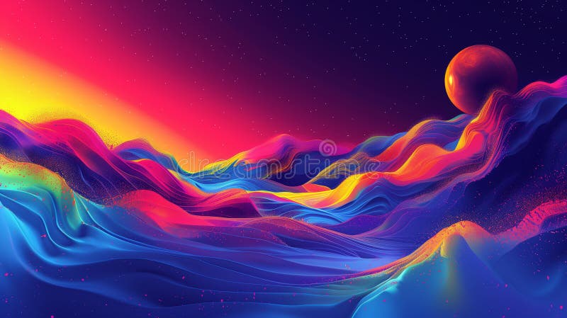 Galactic Dreamscape: Waves in Bright Colors with a Planet and Stars in ...