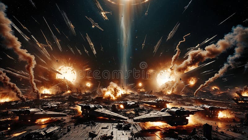 Galactic Space Battle with Exploding Ships and Fiery Debris Stock ...