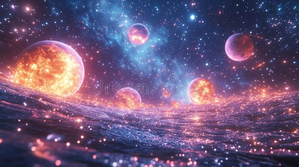 Galactic Space View with Multiple Glowing Planets and Cosmic Lights ...