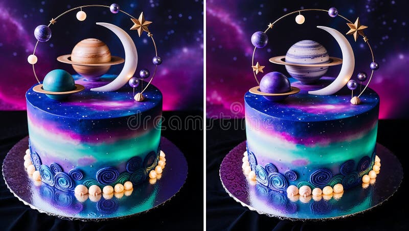 Celestial Wonder Galactic-Themed Cake with Stars and Planets Stock ...
