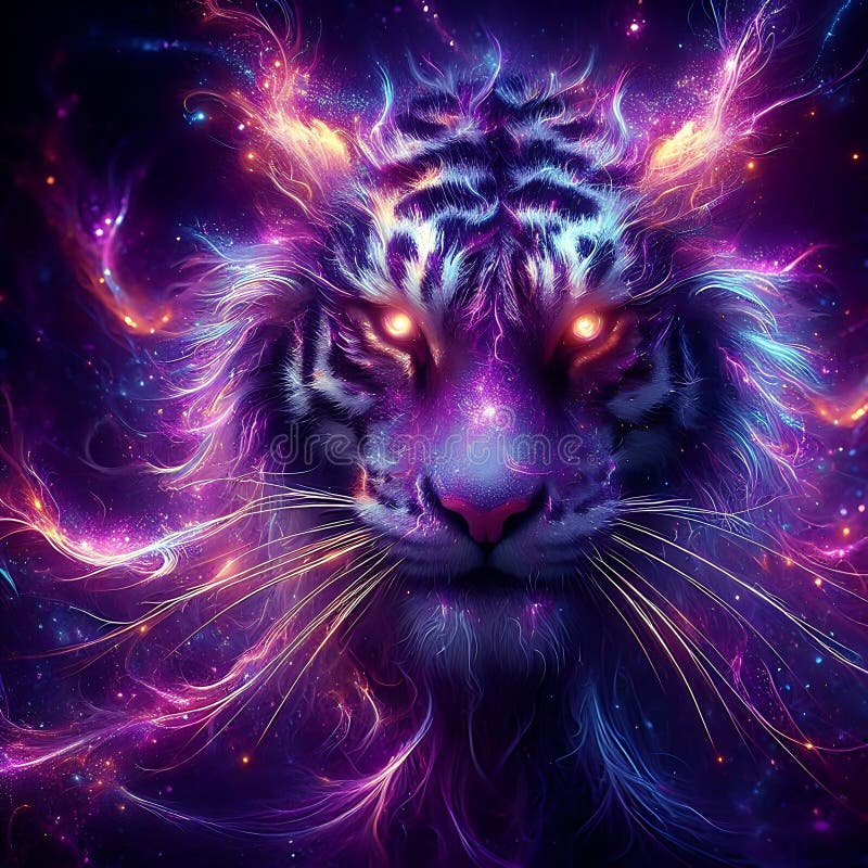 Galactic Tiger with Fiery Eyes Stock Photo - Image of luminous, design ...