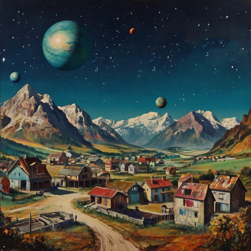 Galactic Village Under Cosmic Canopy Stock Illustration - Illustration ...
