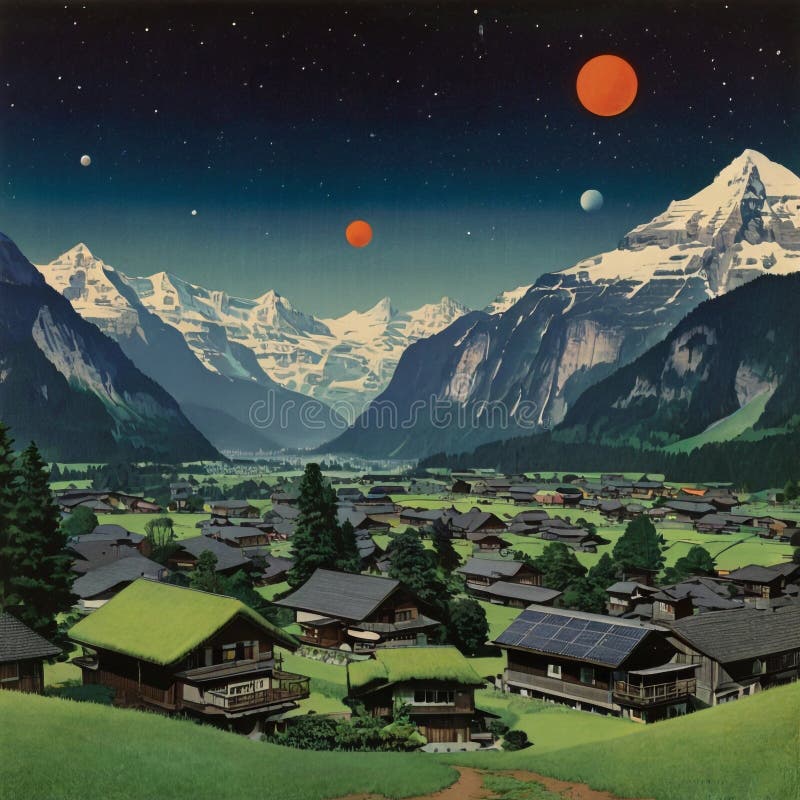 Galactic Village Under Cosmic Canopy Stock Illustration - Illustration ...