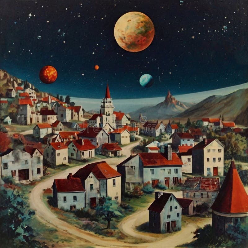 Galactic Village Under Cosmic Canopy Stock Illustration - Illustration ...