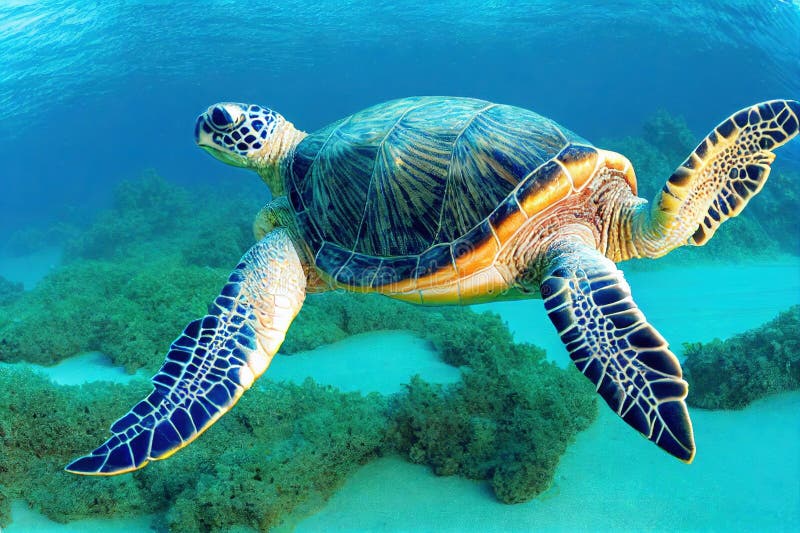 Galapagos Sea Turtle in Ocean Underwater World Stock Illustration ...