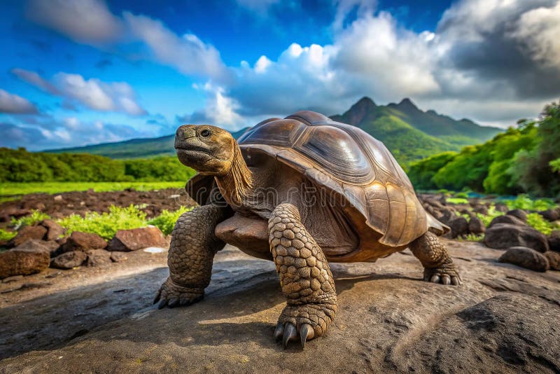 Galapagos Tortoise Strolls on Volcanic Island Stock Illustration ...