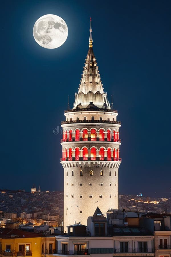 Galata Tower Night Full Moon Stock Illustration - Illustration of view ...