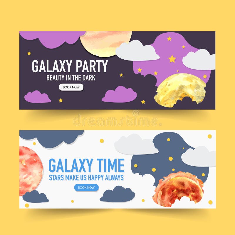 Galaxy Banner Design with Clouds, Moon, Sun Illustration Watercolor ...