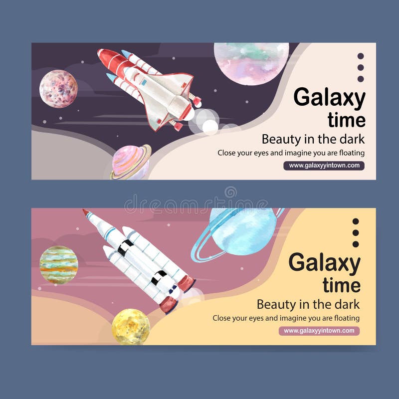 Galaxy Banner Design with Rocket, Jupiter, Neptune Illustration ...