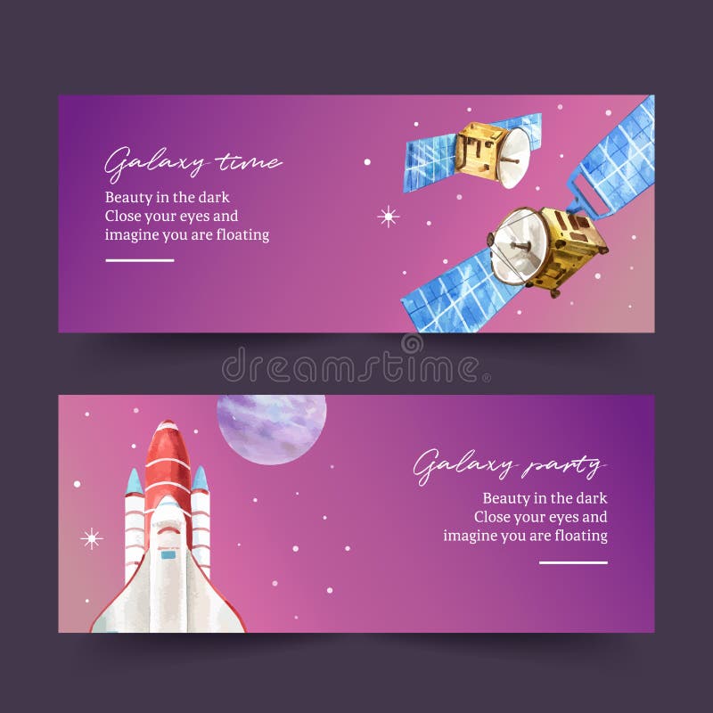 Galaxy Banner Design with Satellite, Rocket Illustration Watercolor ...
