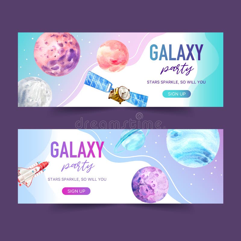 Galaxy Banner Design with Satellite, Rocket, Planet Illustration ...