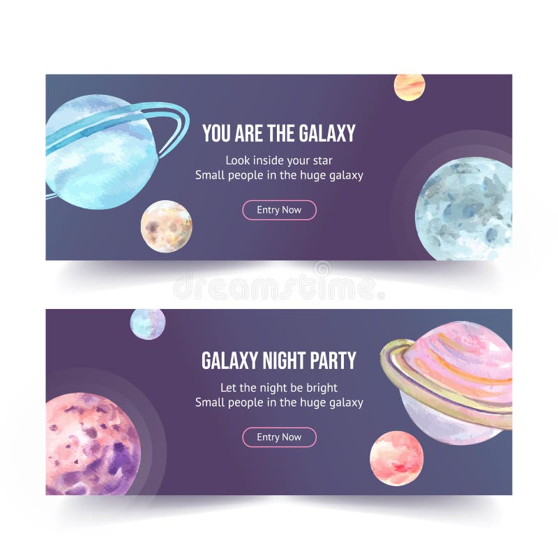 Galaxy Banner Design with Saturn, Venus Illustration Watercolor Stock ...