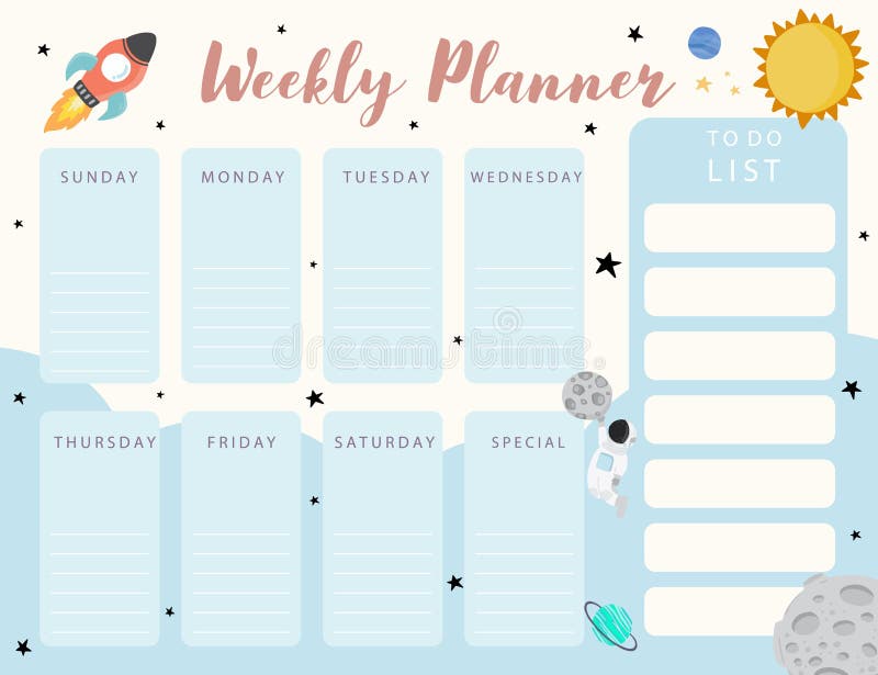 Galaxy Calendar Planner with Planet, Sun, Moon,rocket.Can Use for ...
