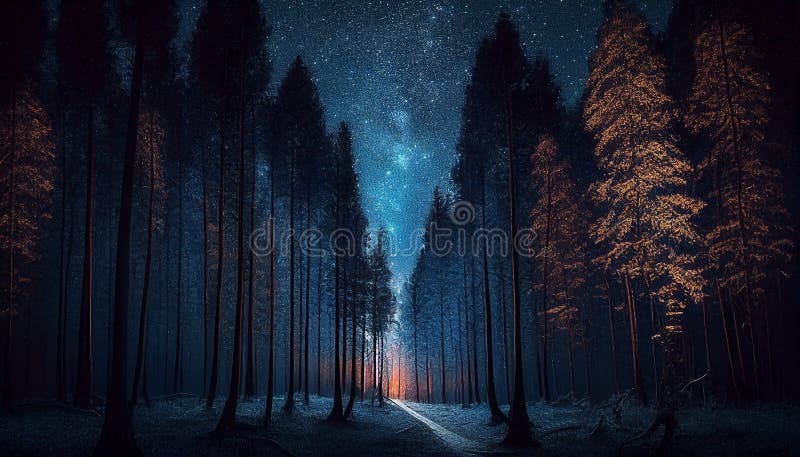 Galaxy Cosmic at Night in the Forest Stock Illustration - Illustration ...