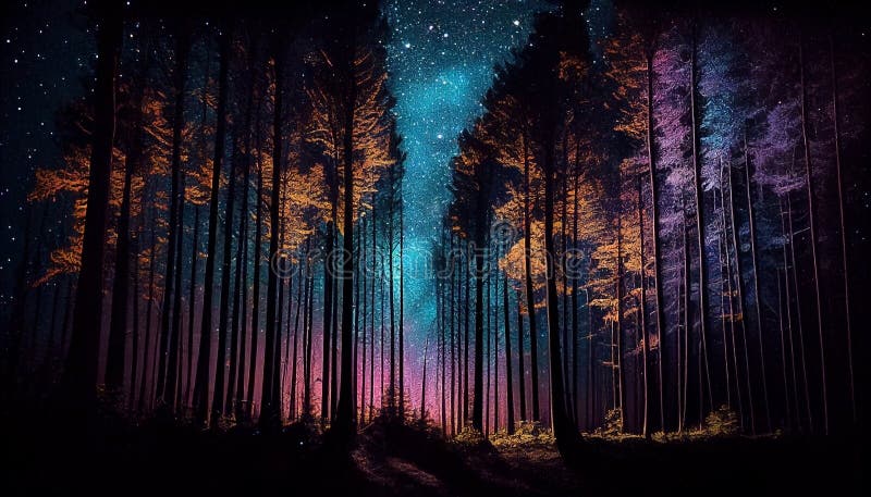 Galaxy Cosmic at Night in the Forest Stock Illustration - Illustration ...