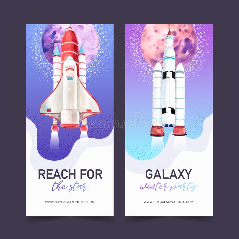 Galaxy Flyer Design with Rocket, Neptune Illustration Watercolor Stock ...