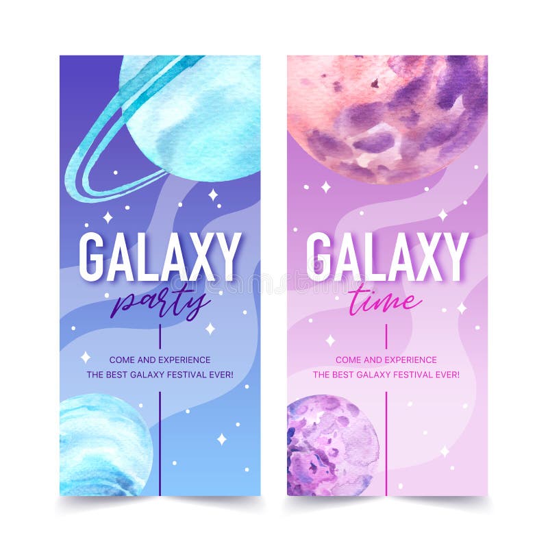 Galaxy Flyer Design with Saturn, Neptune Illustration Watercolor Stock ...