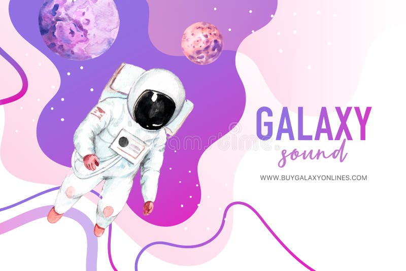 Galaxy Frame Design with Astronaut, Neptune Illustration Watercolor ...