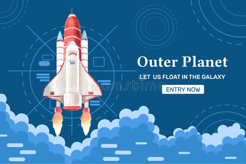 Galaxy Frame Design with Rocket, Cloudy Illustration Watercolor Stock ...