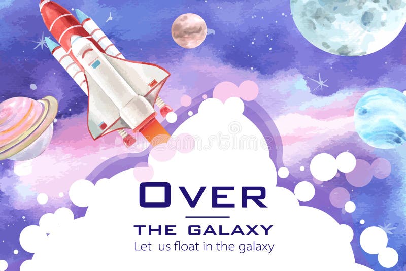 Galaxy Frame Design with Rocket, Planet Illustration Watercolor Stock ...