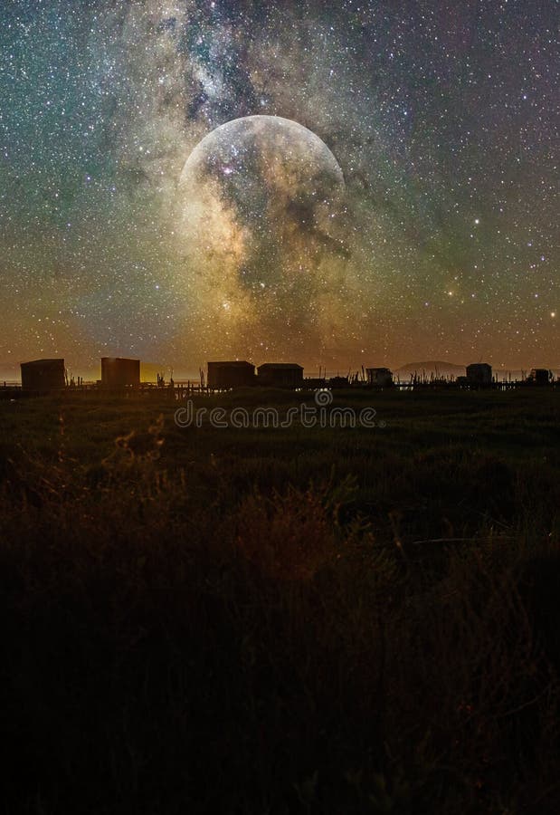 Galaxy moon over fields stock image. Image of outer - 184227083