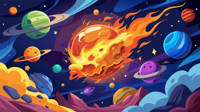 Galaxy, Outer Space Background with Planets and Explosion with Fire ...