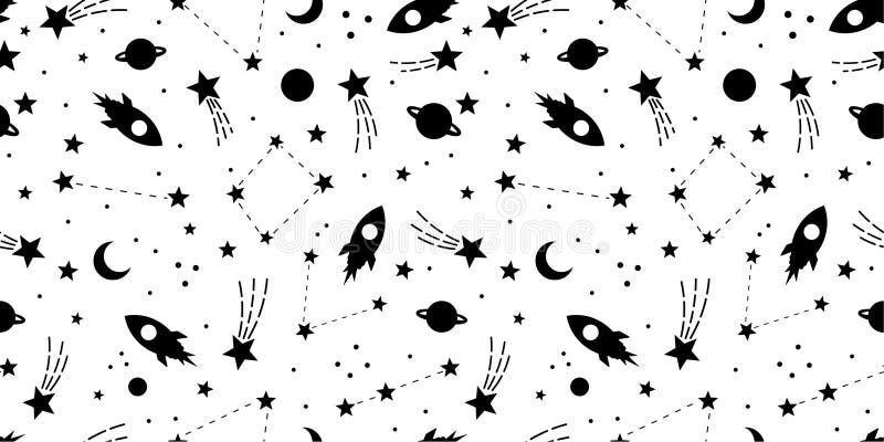 Galaxy Pattern in Black and White, Rocket with Shooting Stars Flat ...
