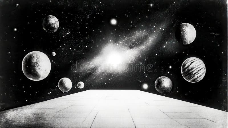 Galaxy and Planets Over Empty Surface in Black and White Stock Image ...