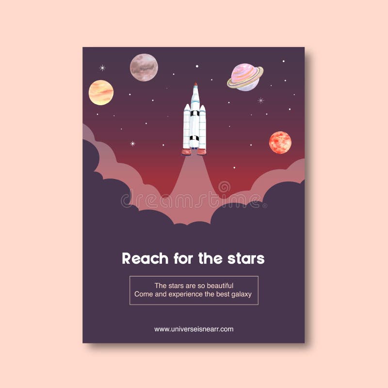 Galaxy Poster Design with Planet, Rocket Illustration Watercolor Stock ...