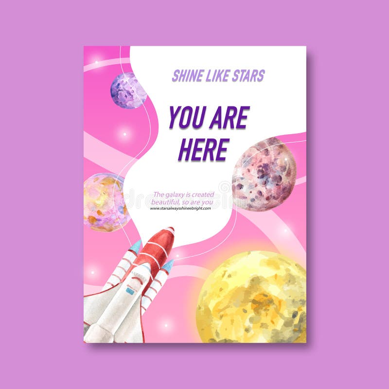 Galaxy Poster Design with Planet, Rocket Illustration Watercolor Stock ...