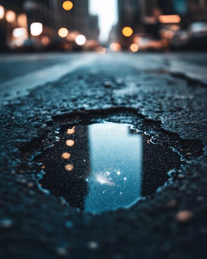 Galaxy Reflection in a City Street Puddle Stock Illustration ...
