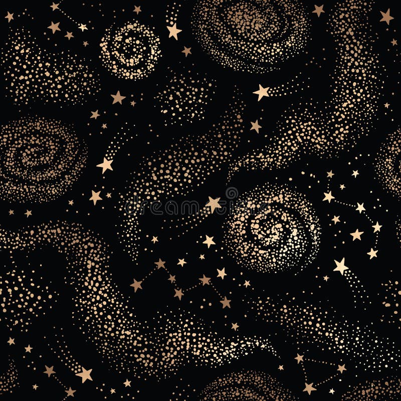 Galaxy Seamless Black Pattern with Gold Nebula, Constellations and ...