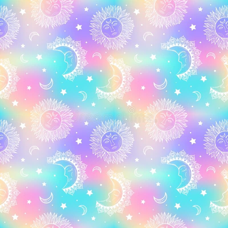 Galaxy Seamless Pattern with Opal, Petrol, Holographic Background. Sun ...