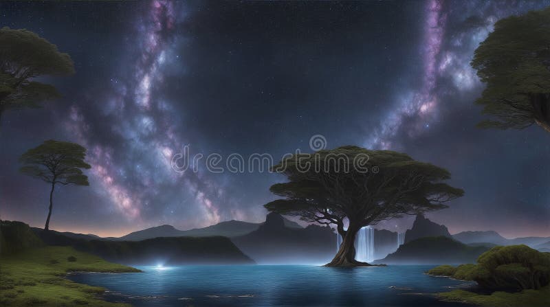 Galaxy Sky with Big Tree, Dramatic Atmosphere Stock Illustration ...
