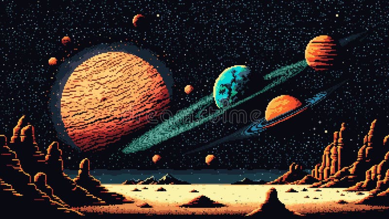 Galaxy Space Planets Landscape. Ai 8bit Pixel Game Stock Vector ...