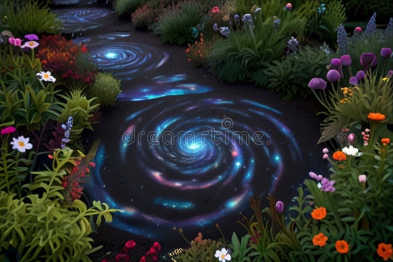 A Galaxy Themed Garden With Flowers That Look Like Tiny Swirling
